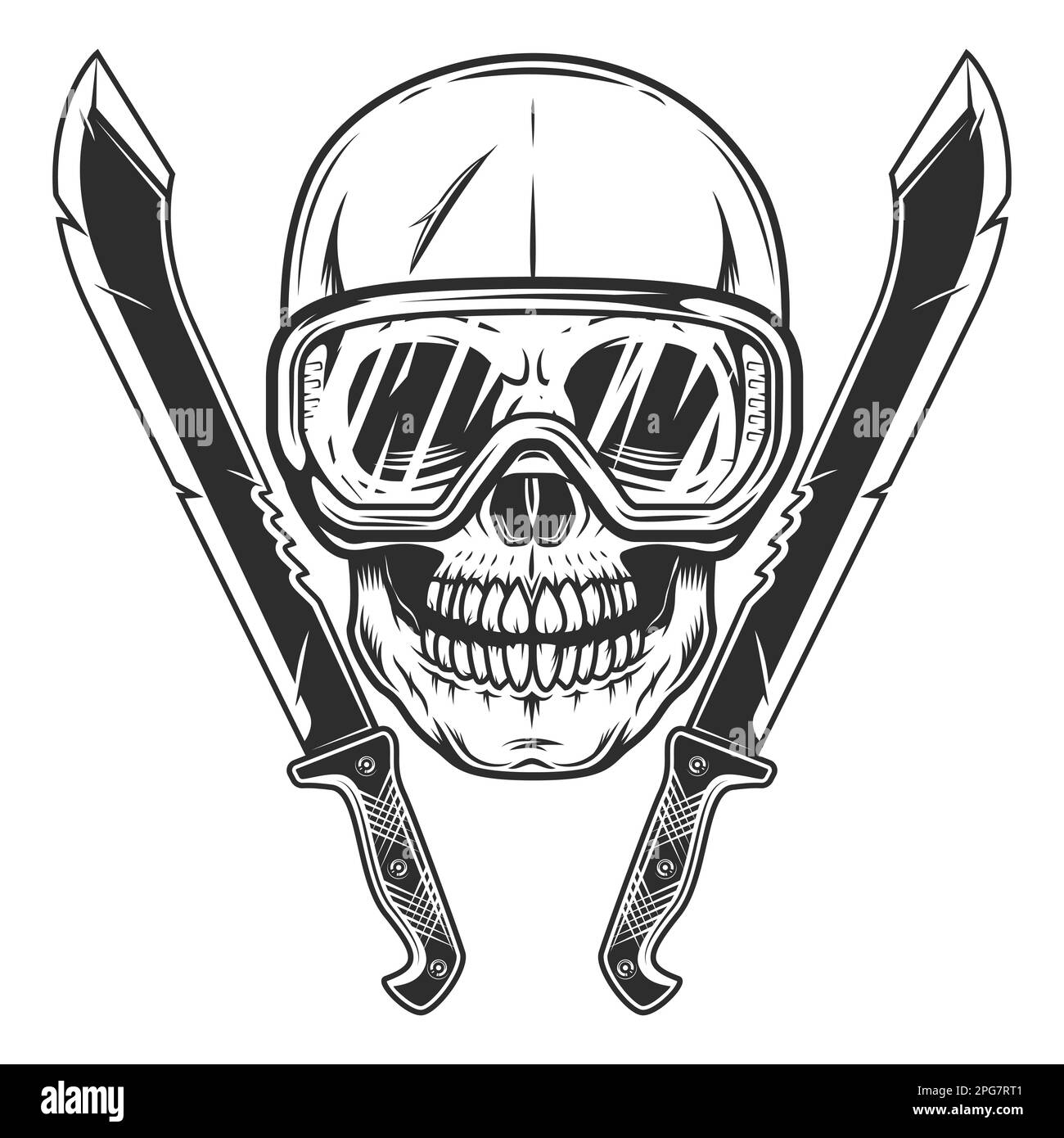 Skull in construction safety glasses and machete sharp knife melee ...