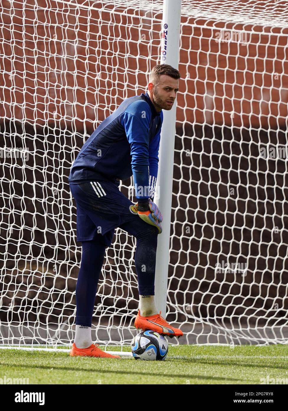 Scotland goalkeeper Angus Gunn during the training session at Lesser ...