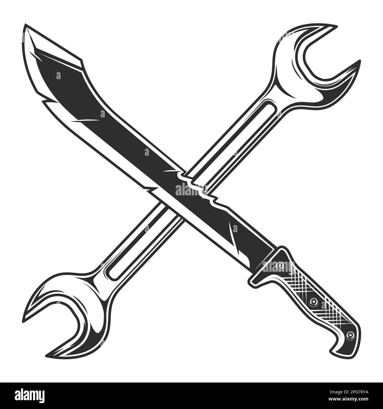 Machete with mechanic spanner wrench icon. Sharp knife melee weapon of ...