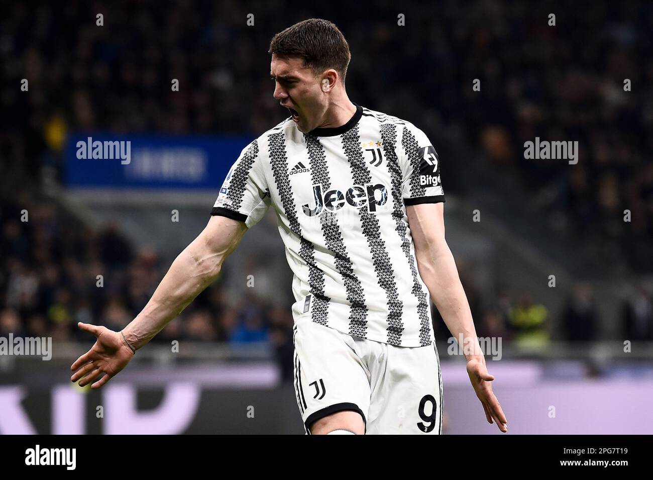 Milan, Italy. 19 March 2023. Dusan Vlahovic of Juventus FC reacts ...