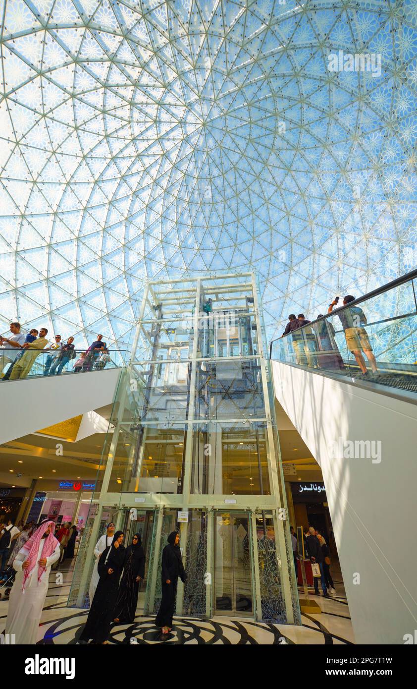 View up from the underground shopping mall at one of the glass dome ...