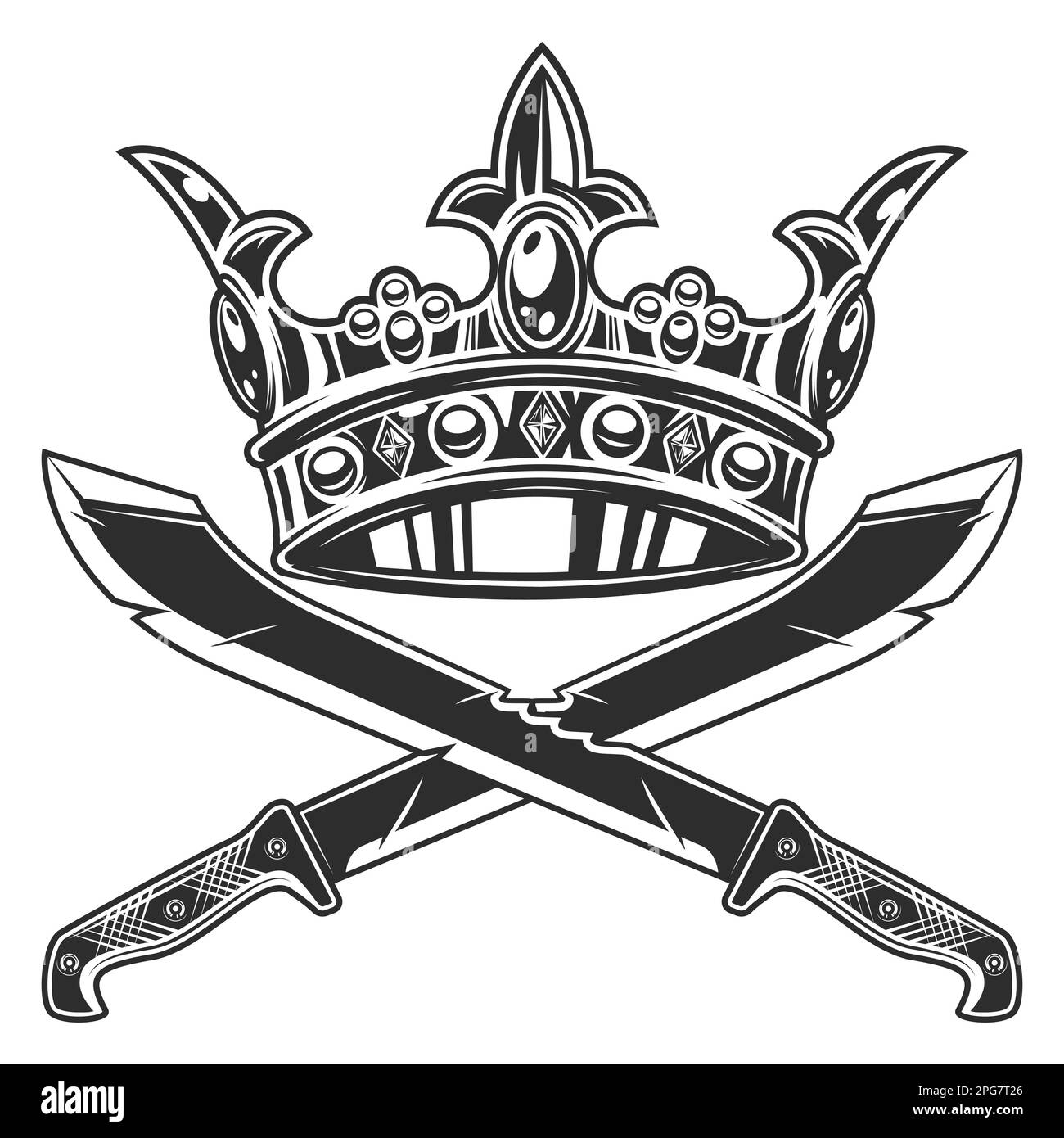 Machete with luxury royal king crown icon, sharp knife melee weapon of ...