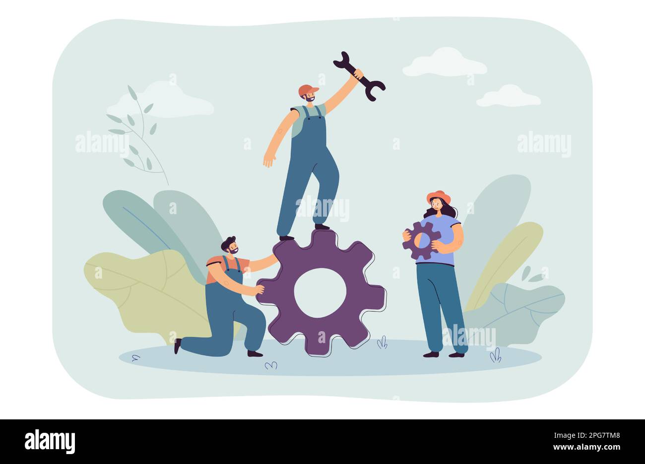 Workers with gear wheels and wrench flat vector illustration Stock ...