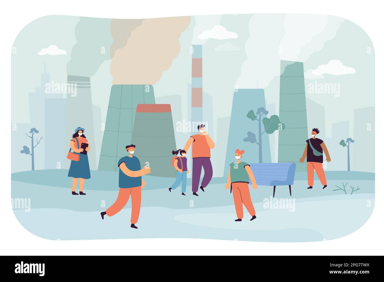 Cartoon people in masks due to industrial emissions from plants Stock ...