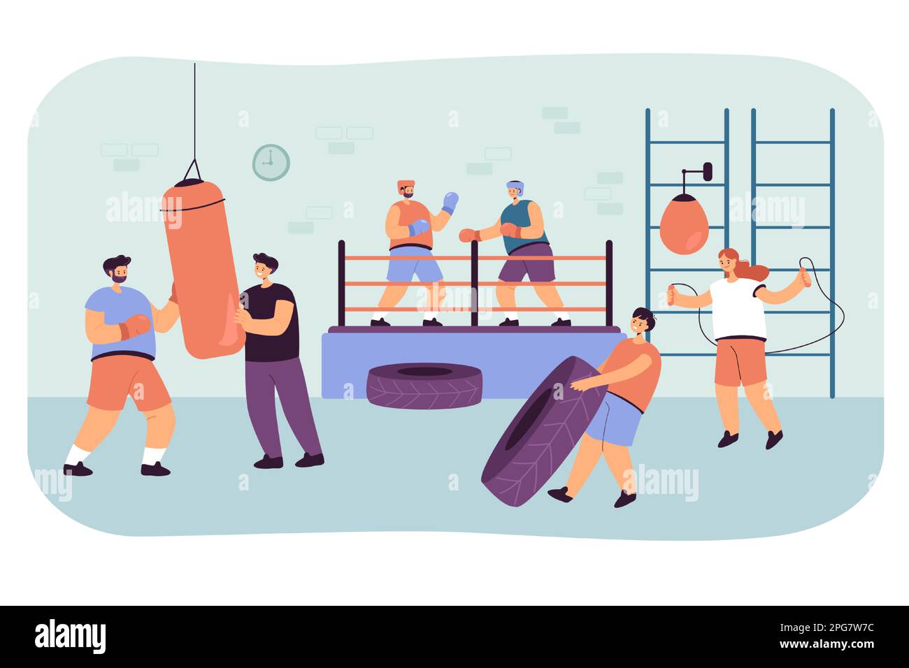 Gym interior with active cartoon men and women doing exercises Stock ...