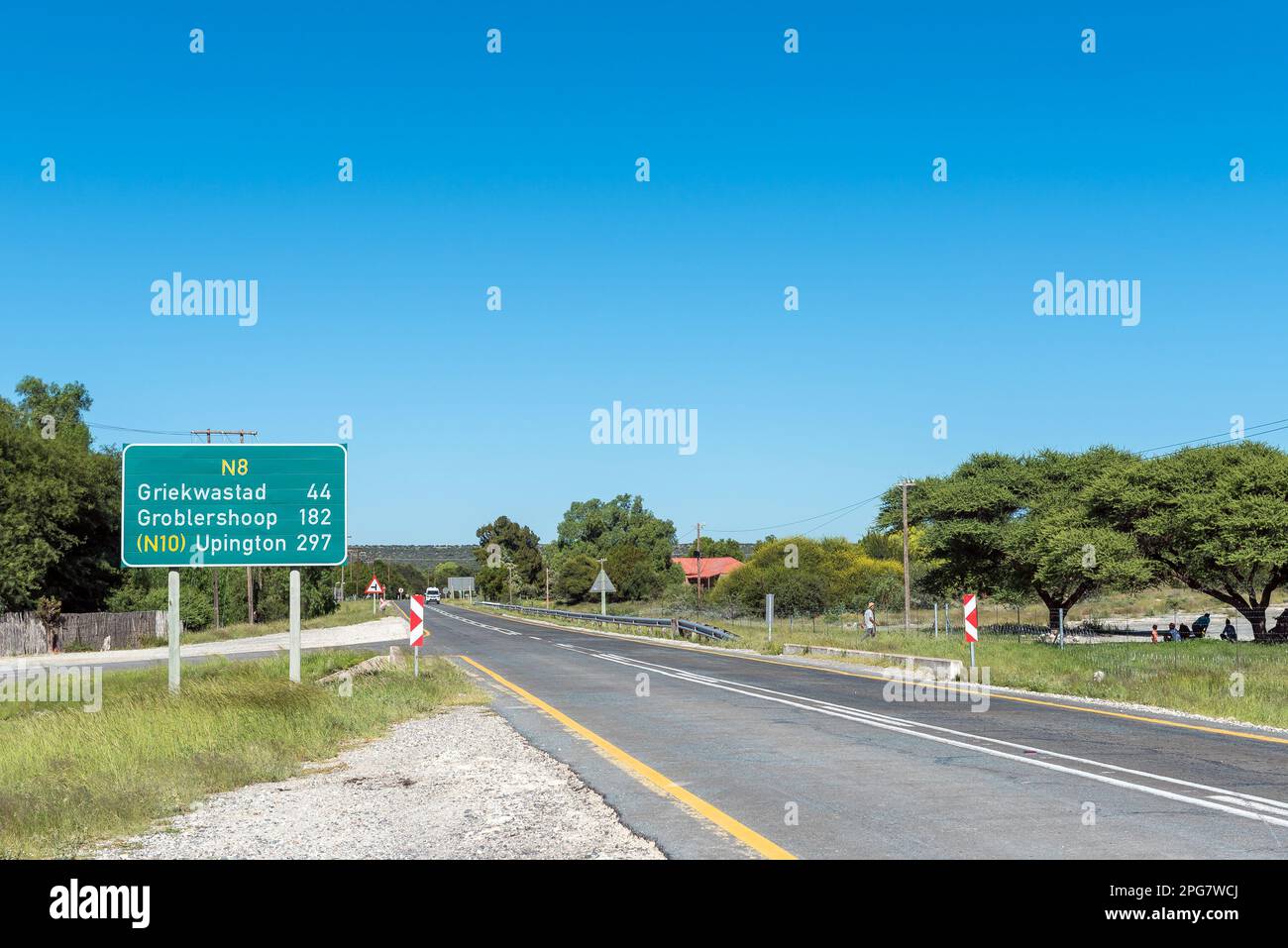 Campbell, South Africa - Feb 24, 2023: A distance sign on road N8 at ...