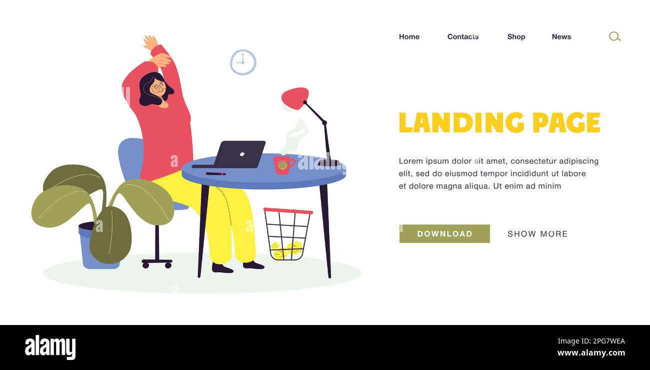 Employee cartoon character stretching after working on laptop Stock ...