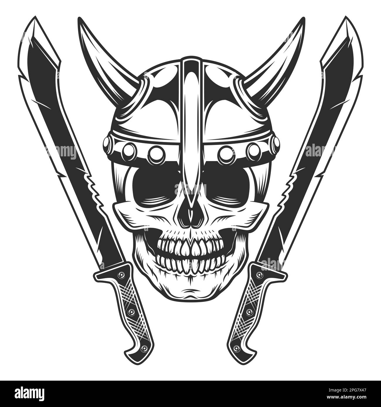 Viking skull in horned helmet and machete sharp knife melee weapon of ...