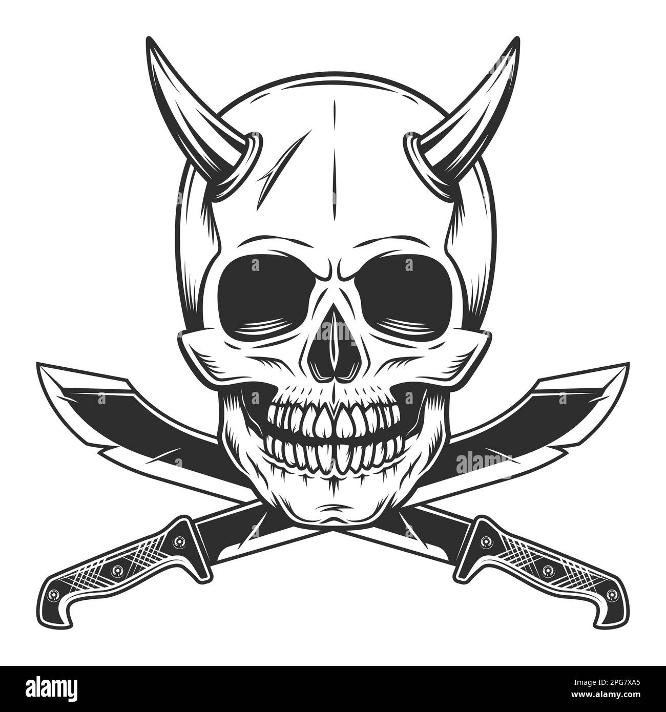 Skull with horn and machete sharp knife melee weapon of hunter in ...