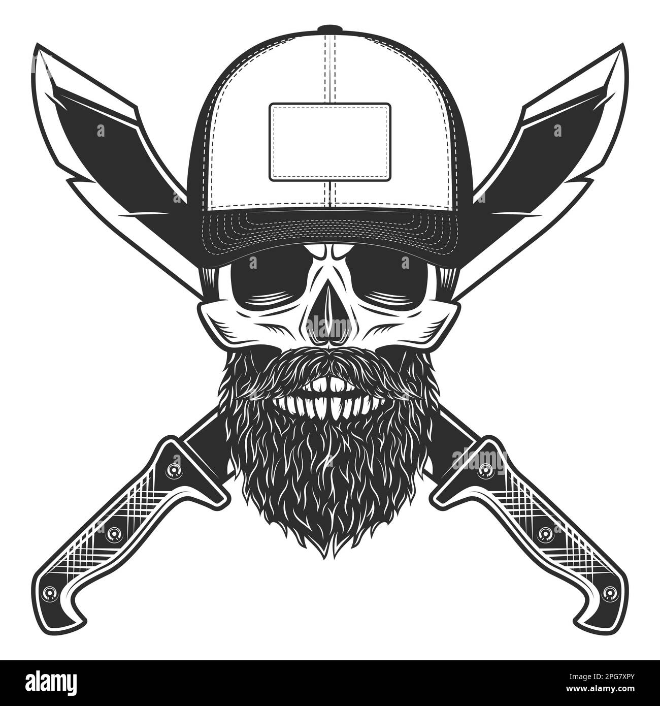 Skull in baseball cap with beard and mustache with machete sharp knife ...
