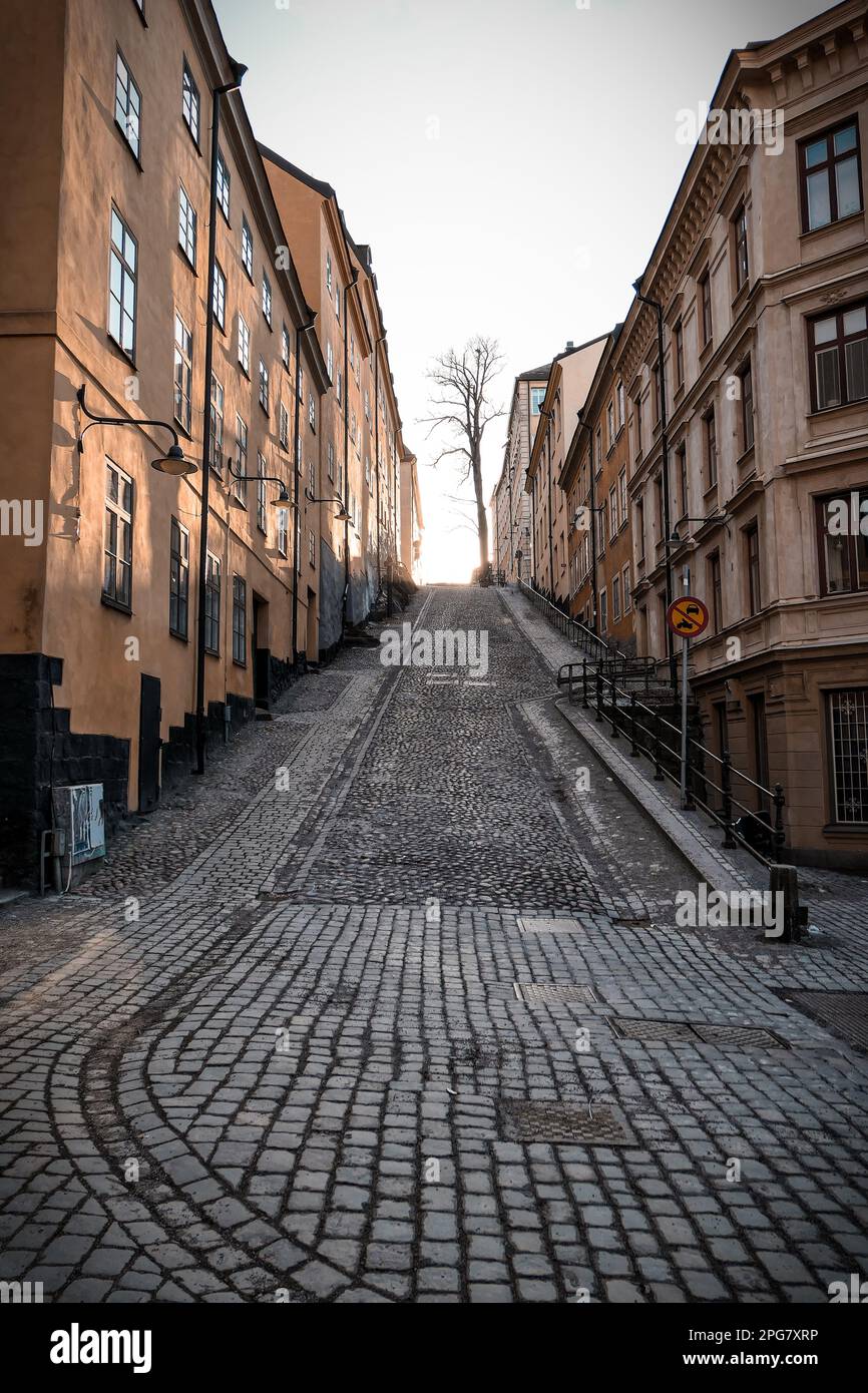 Empty alley amidst buildings in city during evening Stock Photo - Alamy