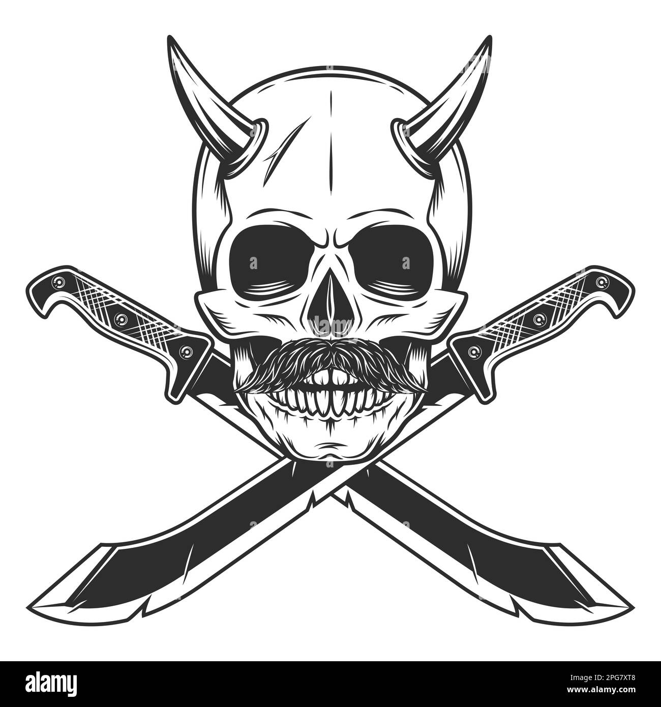 Skull with horn and mustache with machete sharp knife melee weapon of ...