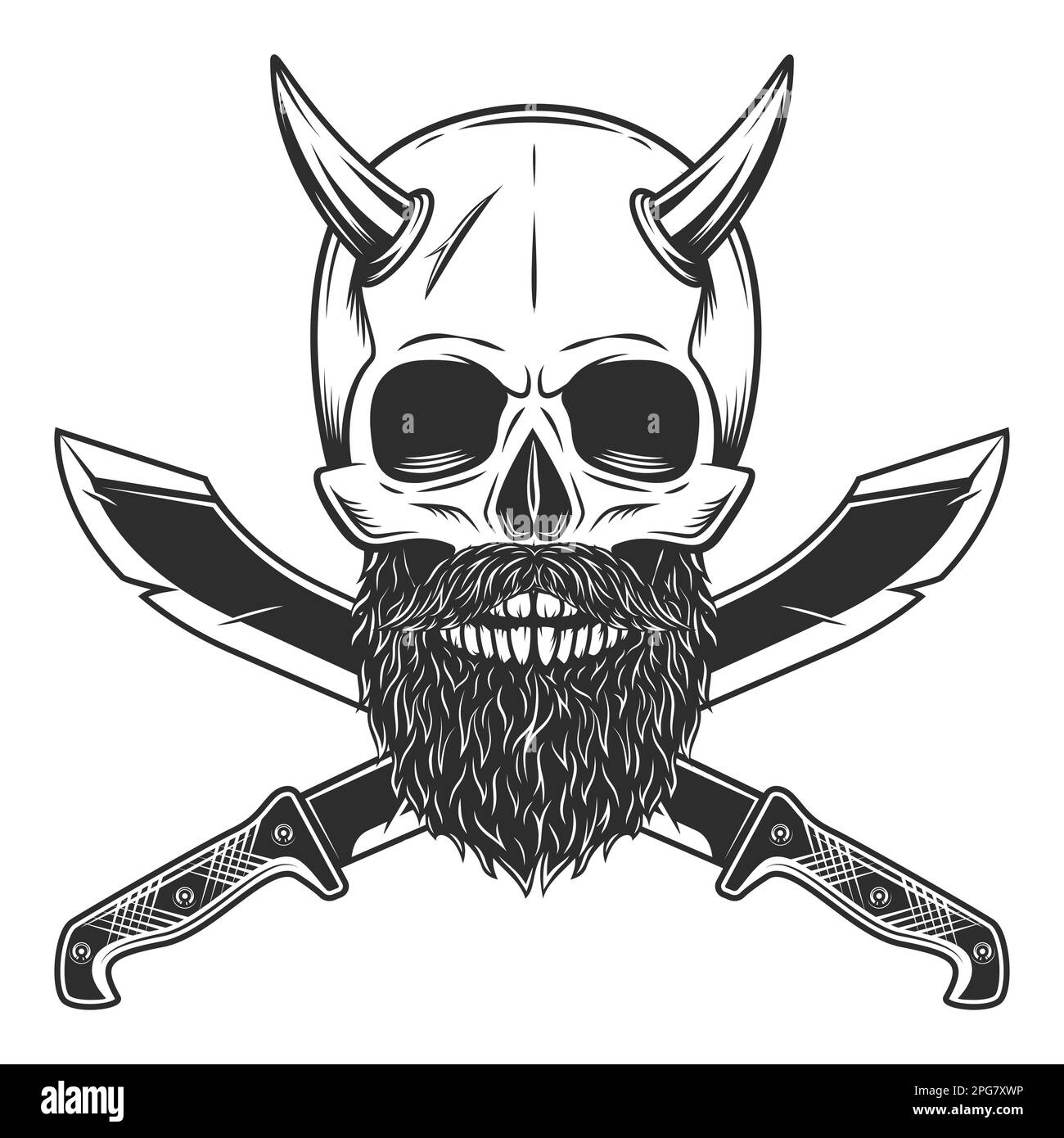 Skull with horn and beard and mustache and machete sharp knife melee ...