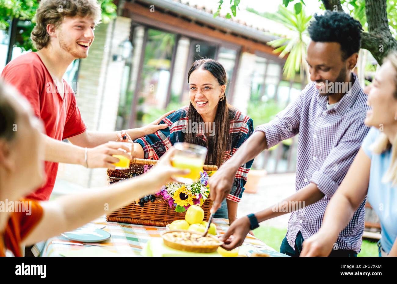 Young men and women toasting healthy orange fruit juice at farm house ...