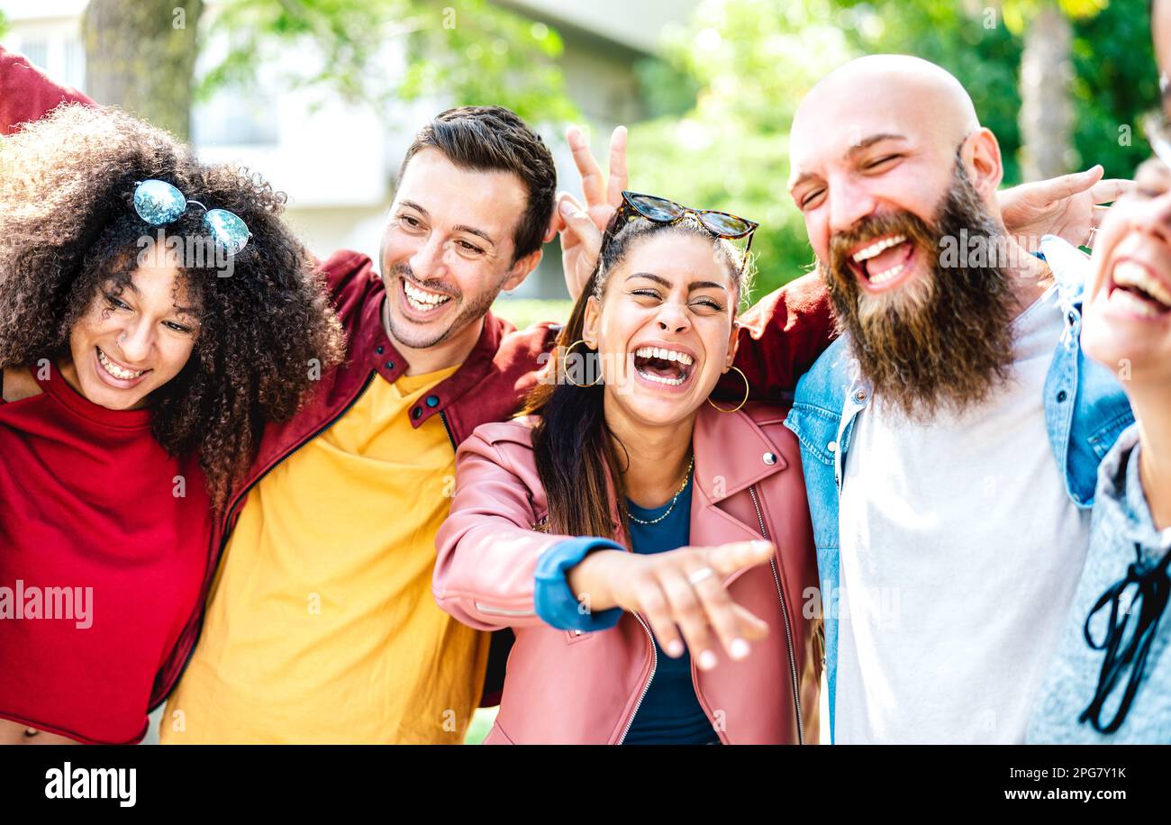 Trendy friends walking together out side on genuine life style concept ...