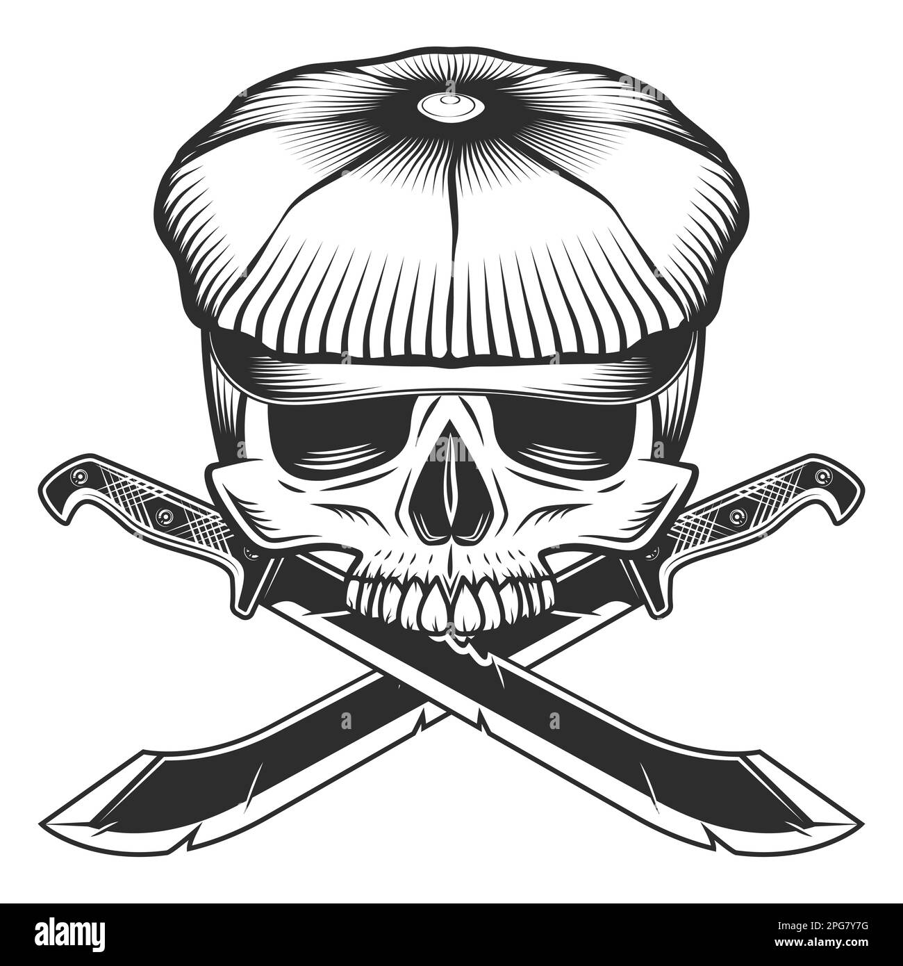 Skull without jaw in flat cap with crossed machete sharp knife and ...