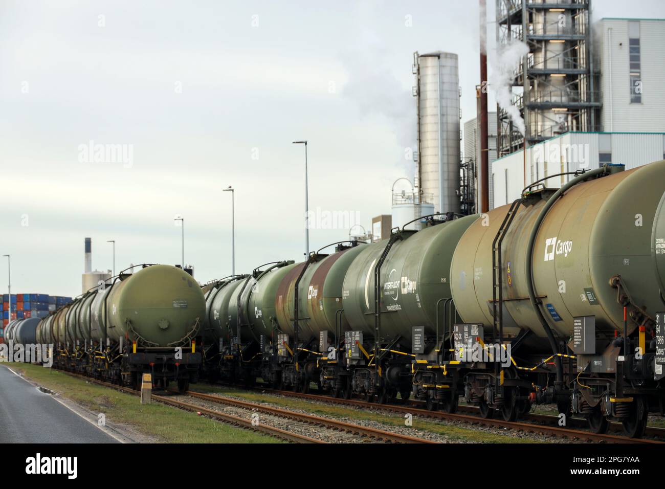 Chemical tank wagons waiting for loading in Pernis Harbor ...