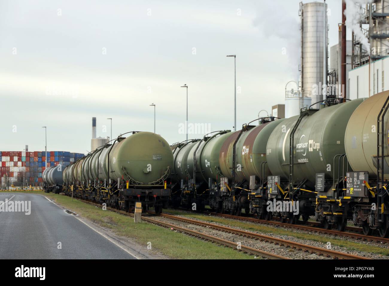 Chemical tank wagons waiting for loading in Pernis Harbor ...
