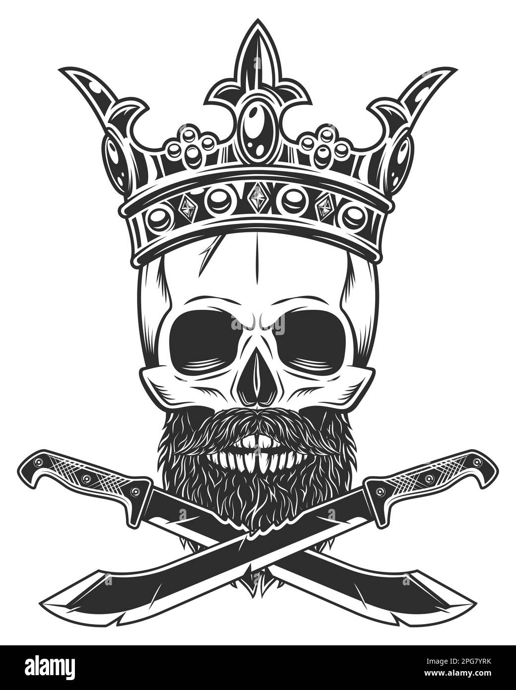 Skull in crown royal king with beard and mustache with crossed machete ...