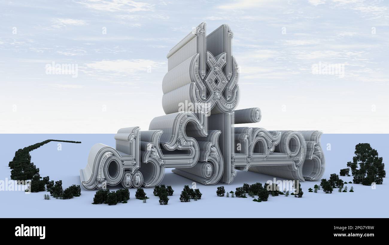 3D architectural illustration in Arabic calligraphy that translates as ...