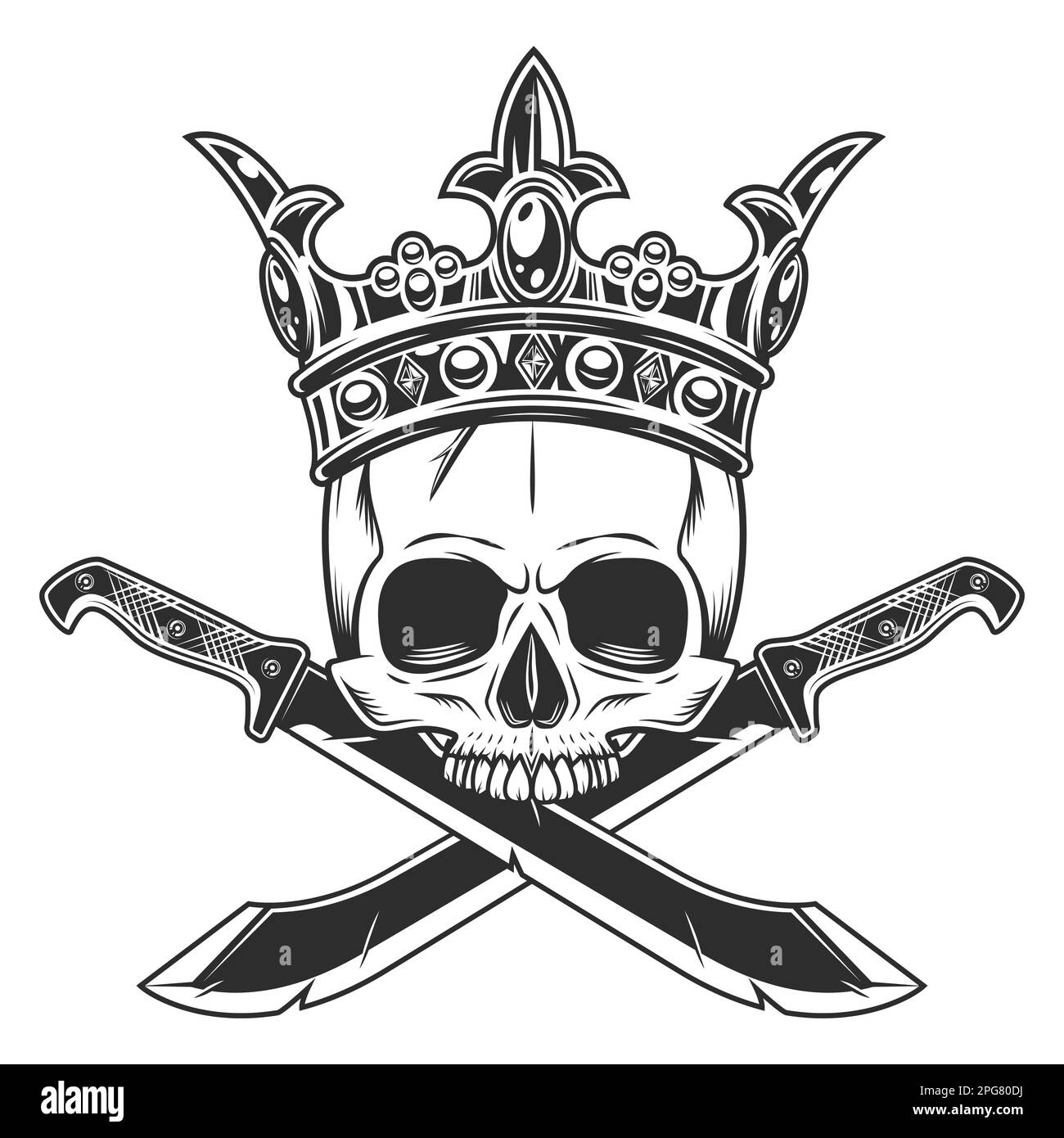 Skull without jaw in crown royal king with crossed machete sharp knife ...