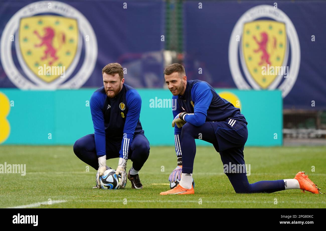 Scotland goalkeeper Zander Clark with Angus Gunn (right) during the ...