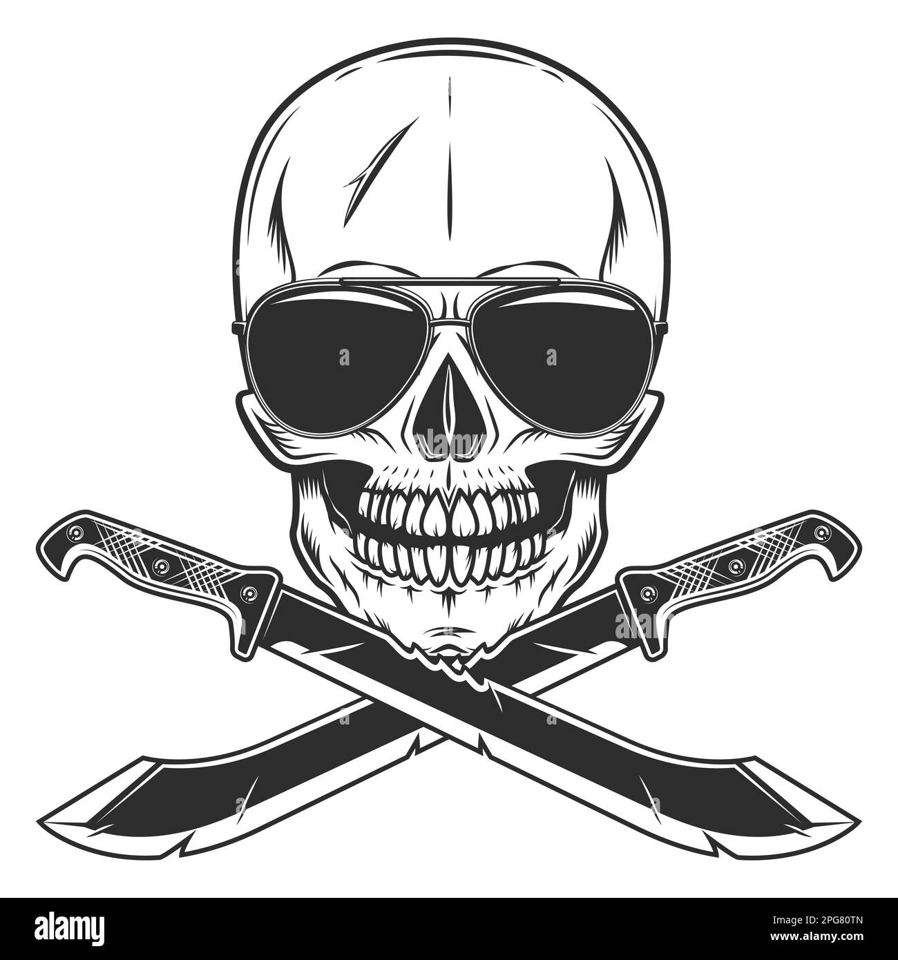 Skull in sunglasses and machete sharp knife melee weapon of hunter in ...