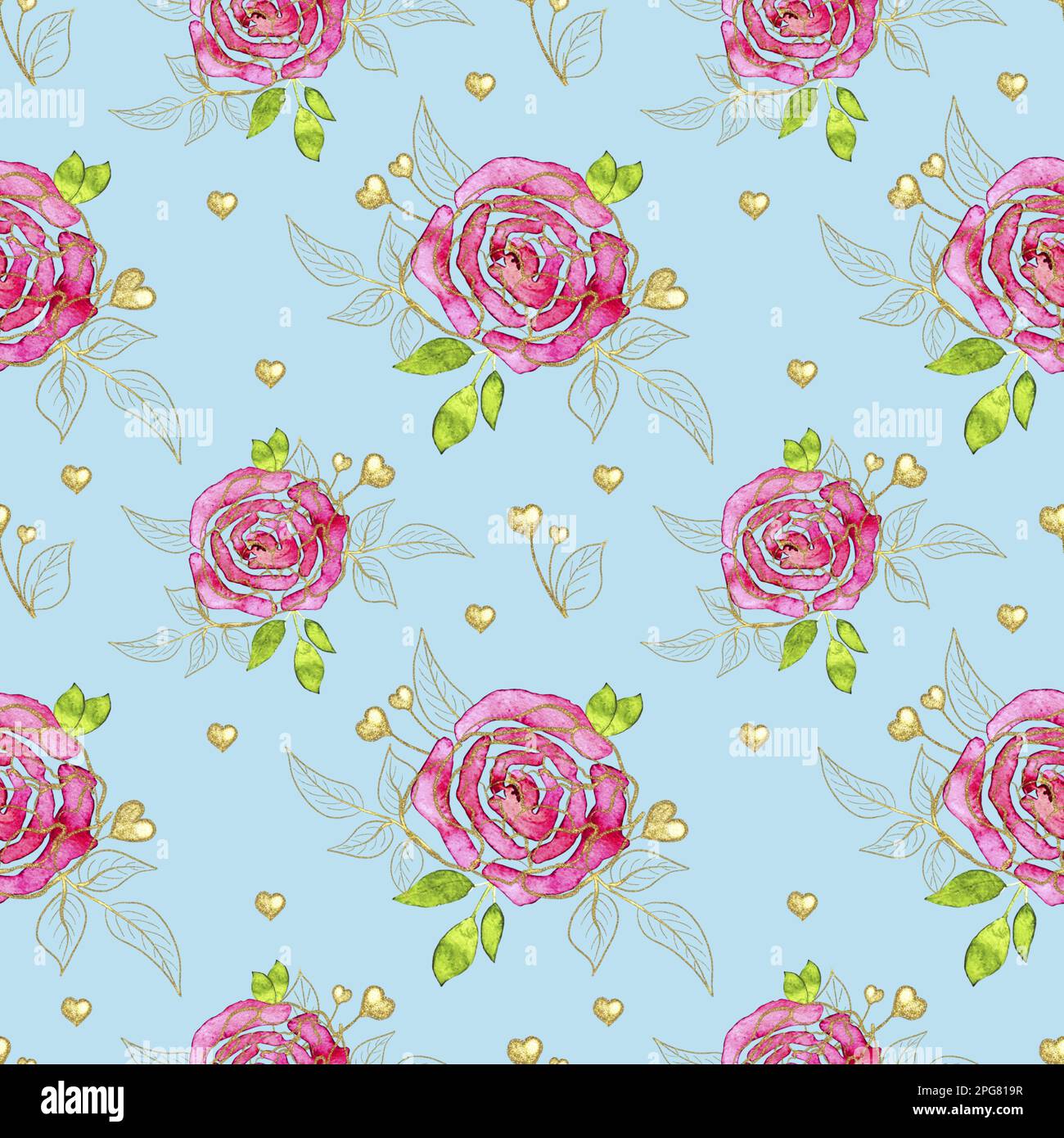 Seamless pattern bright pink rosebuds. Hand drawn watercolor pink and ...