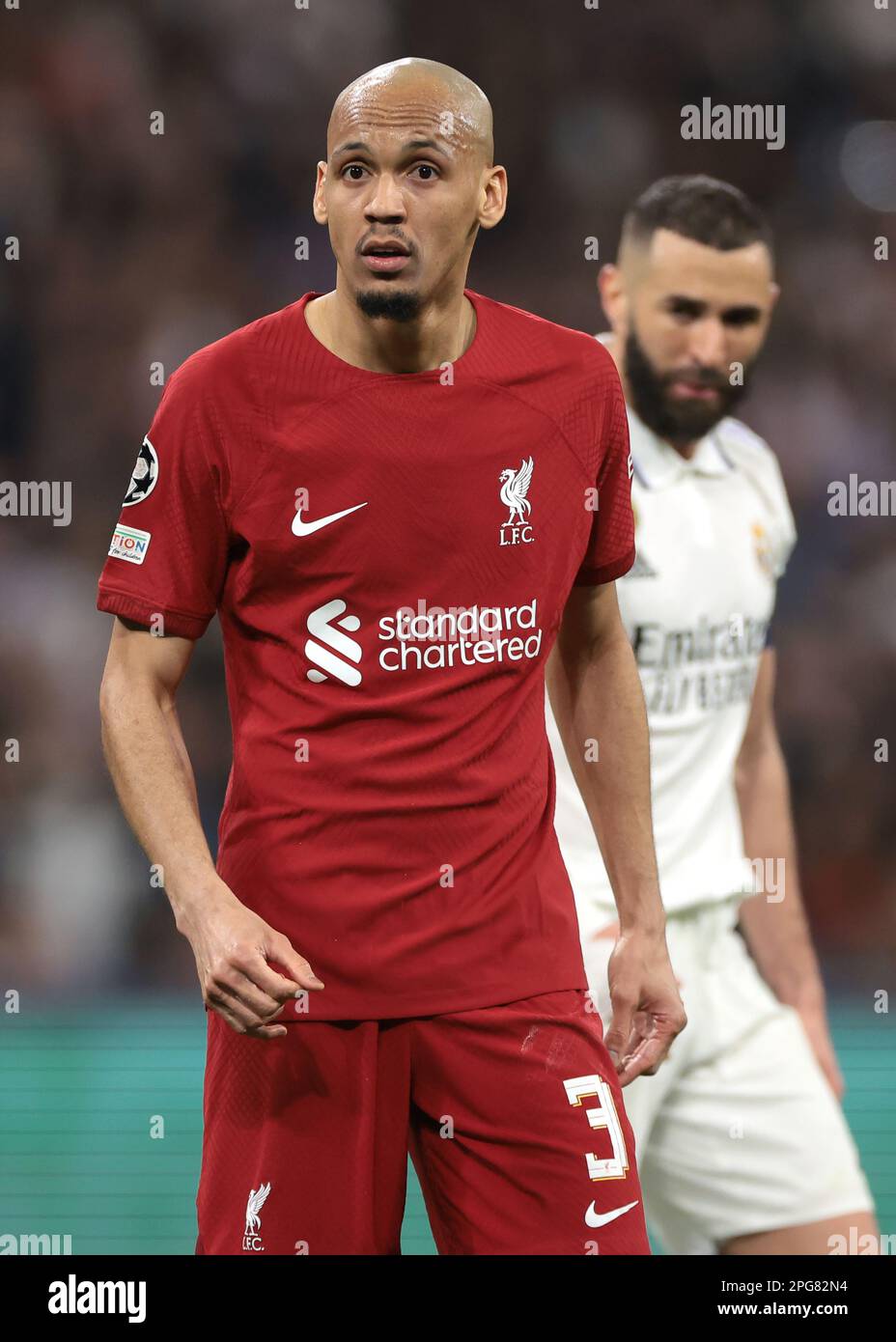 Madrid, Spain, 15th March 2023. Fabinho of Liverpool FC reacts as Karim ...
