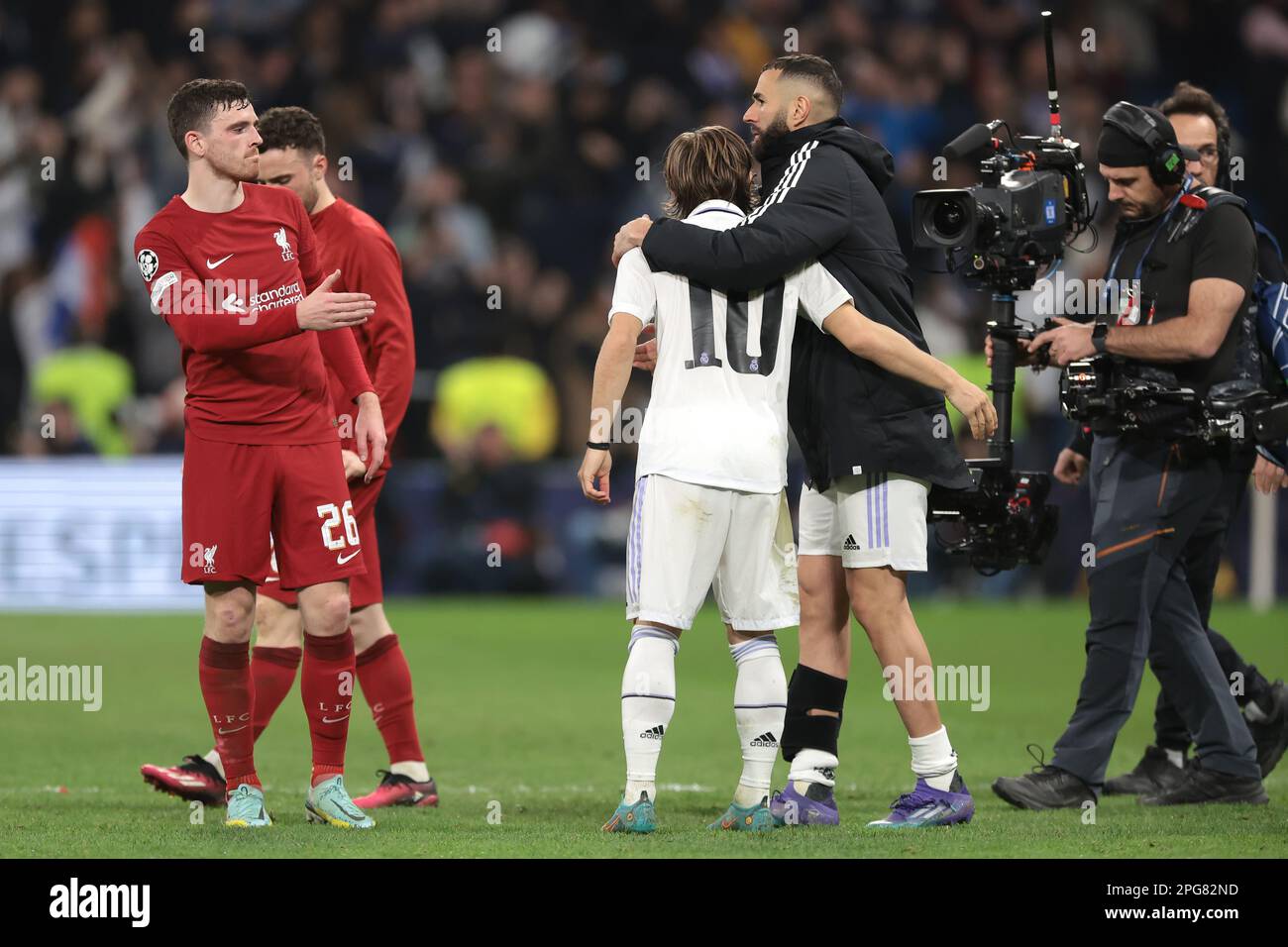 Madrid, Spain, 15th March 2023. Andrew Robertson of Liverpool FC offers ...