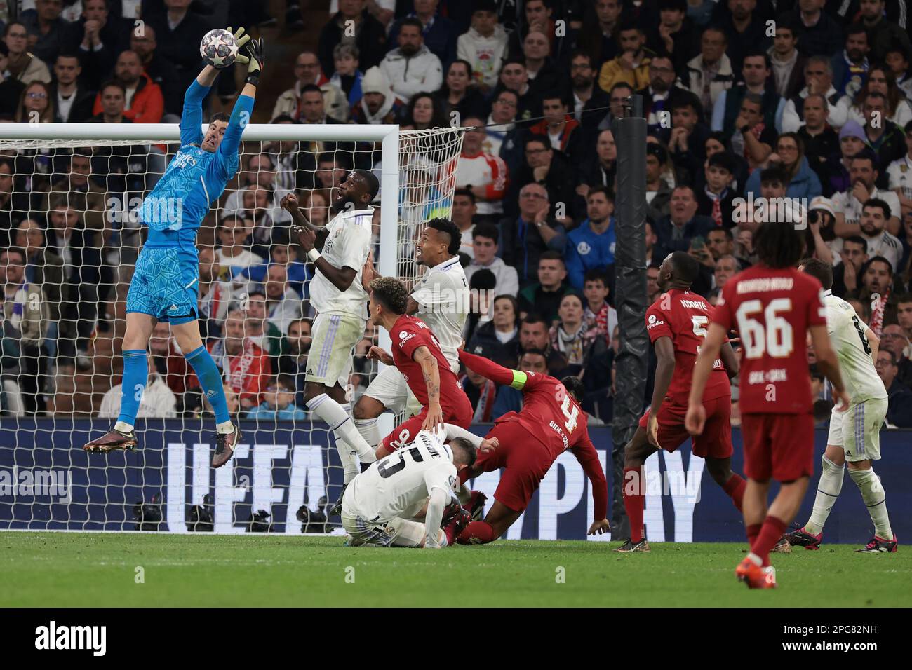 Madrid, Spain, 15th March 2023. Thibaut Courtois of Real Madrid catches ...