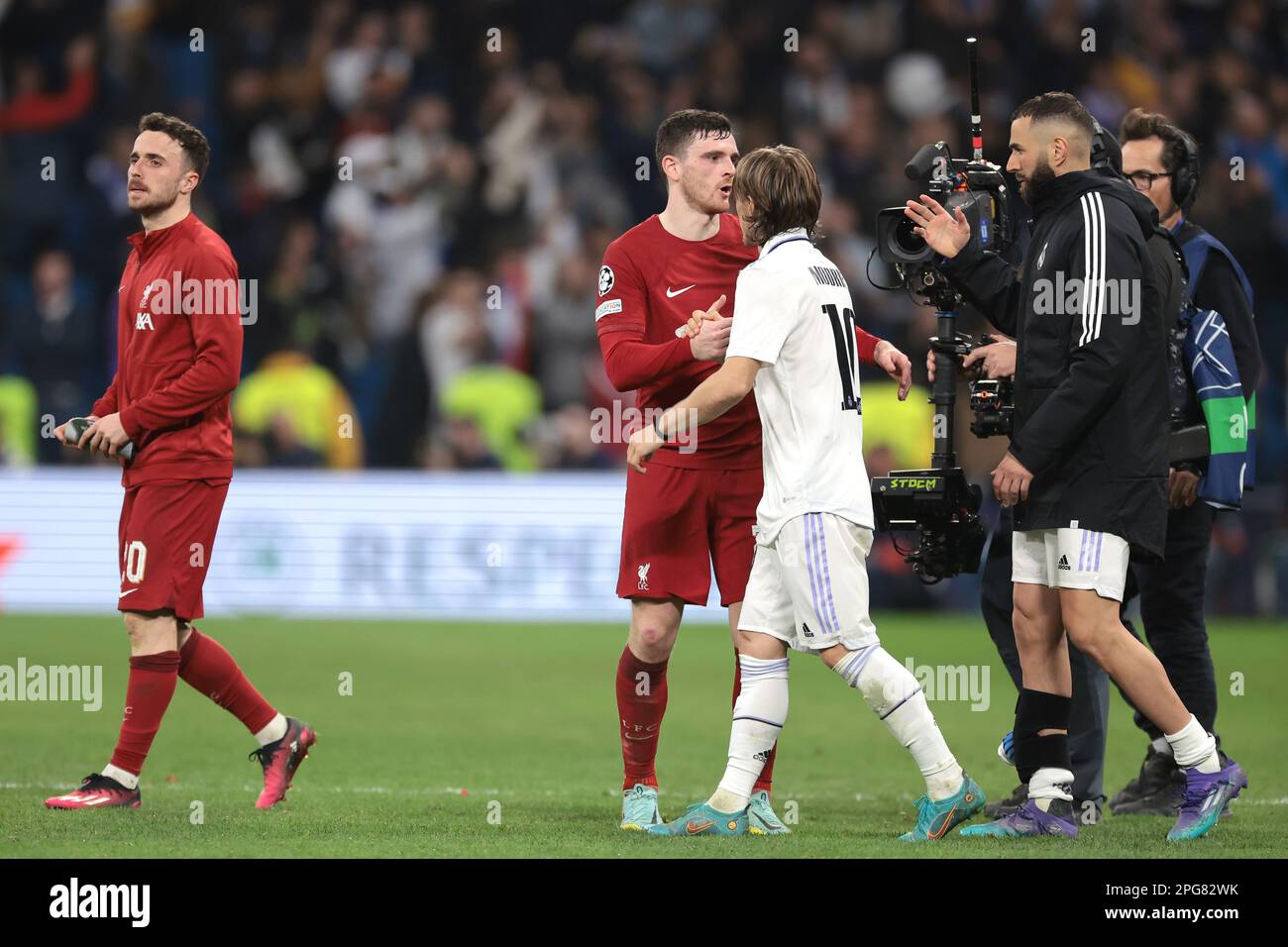 Madrid, Spain, 15th March 2023. Diogo Jota of Liverpool FC reacts as ...