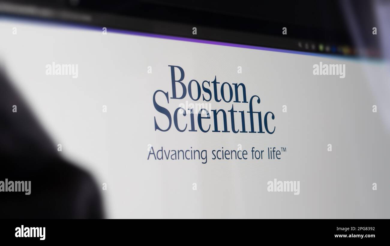 February 15 2023, Marlborough. Boston Scientific logo on a wall of ...