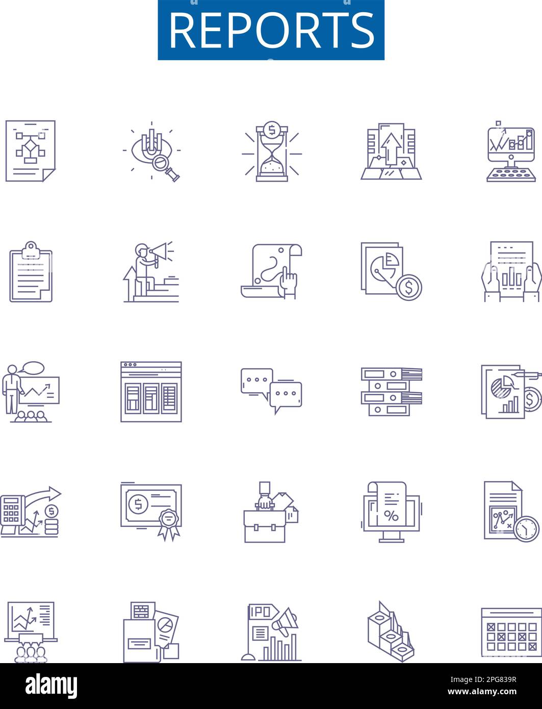 Reports line icons signs set. Design collection of Records, Surveys ... Reports line icons signs set. Design collection of Records, Surveys ...