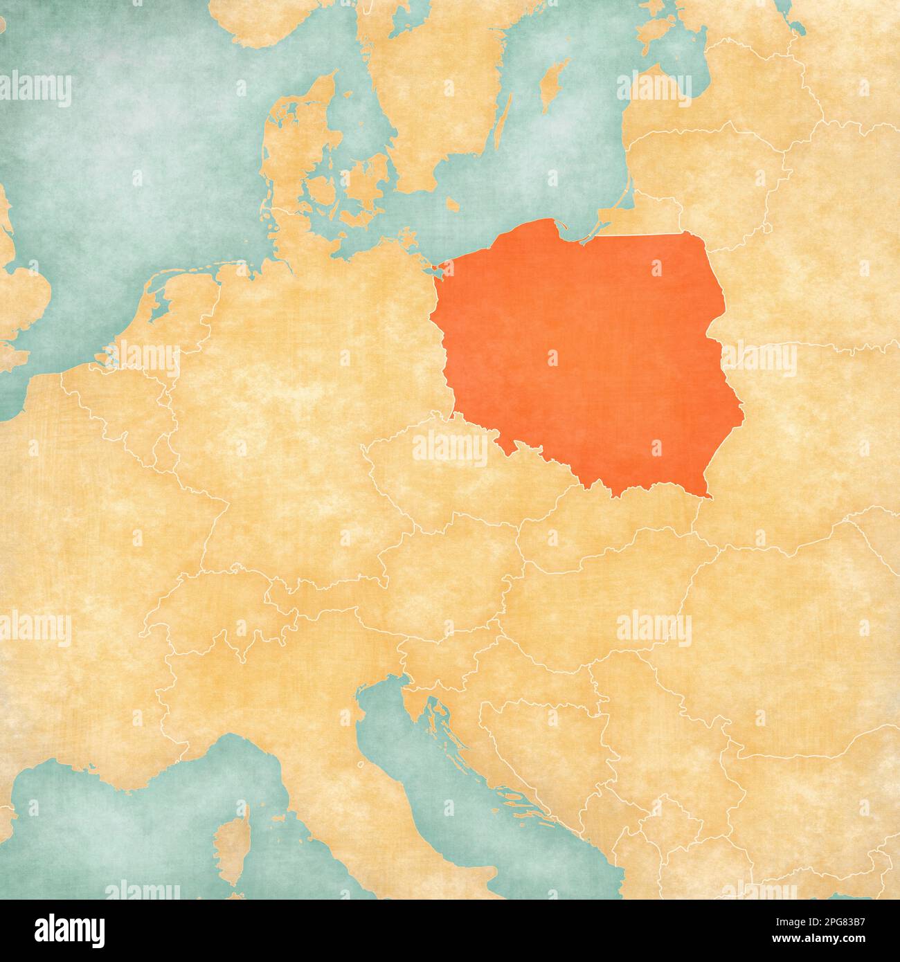 Poland on the map of Central Europe in soft grunge and vintage style ...