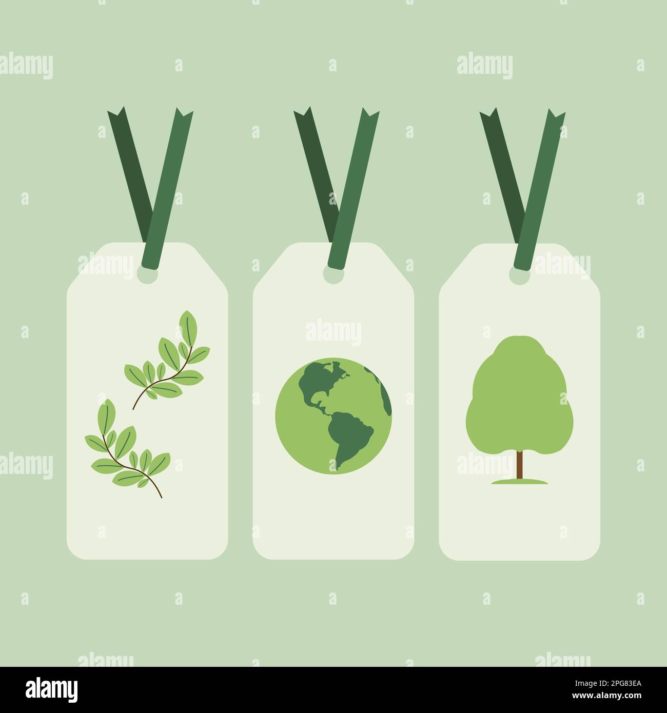 Three white eco tags with green branch, globe earth, and tree. Vector ...