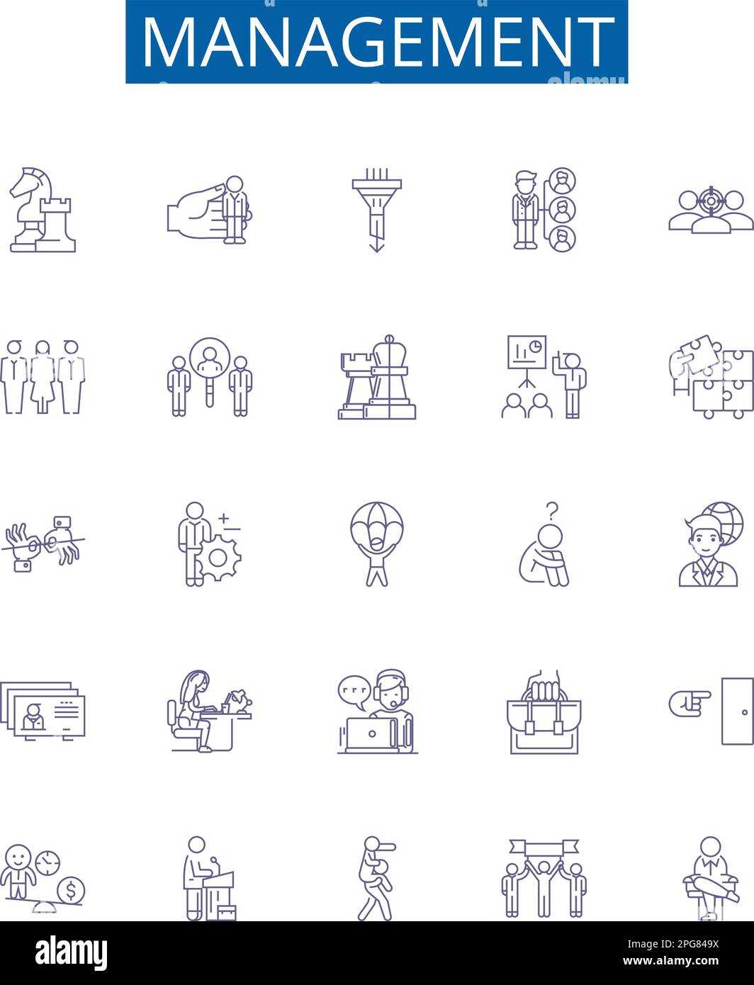 Management line icons signs set. Design collection of Lead, Organize ...