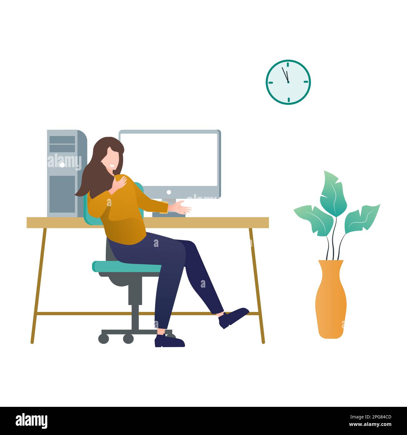 Young woman sitting at the desk with computer. Flat style vector ...