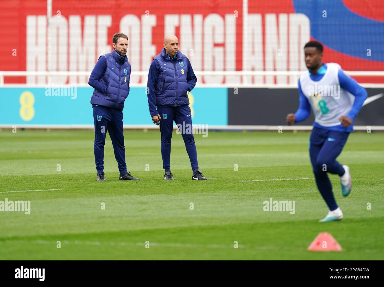 England manager Gareth Southgate and coach Paul Nevin during a training ...