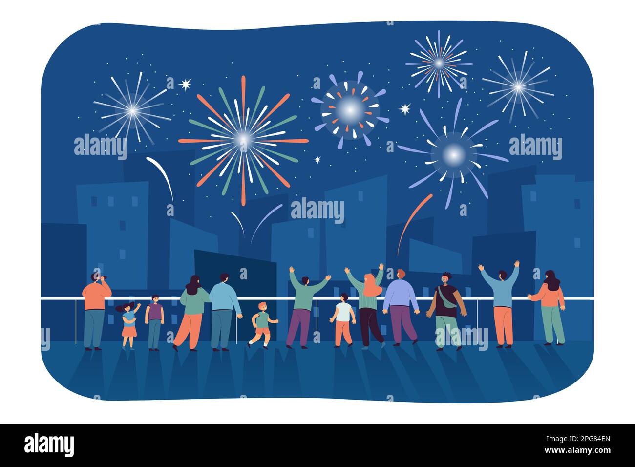 Cityscape with crowd of happy people looking at fireworks in sky Stock ...