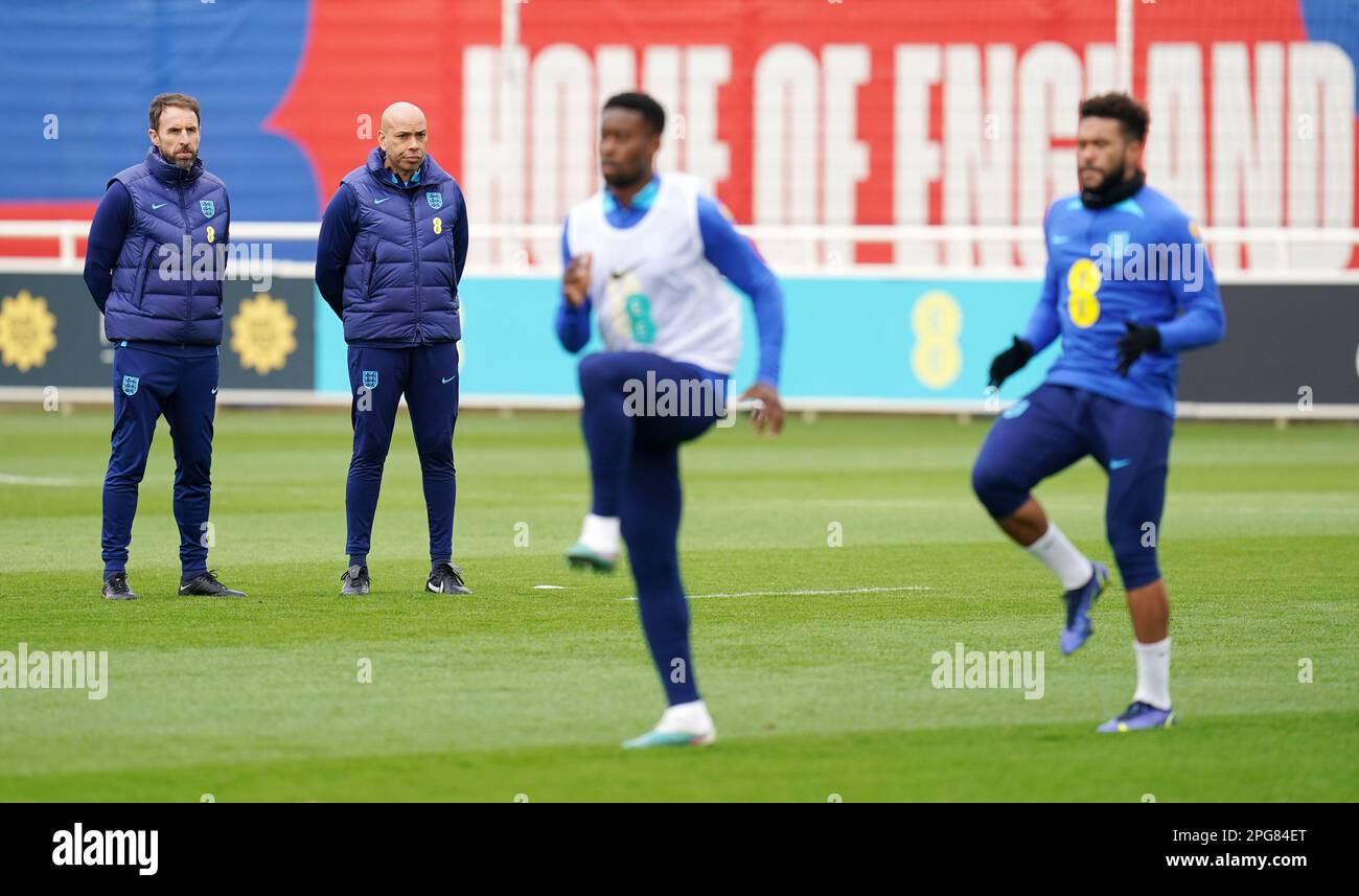 England manager Gareth Southgate and coach Paul Nevin during a training ...