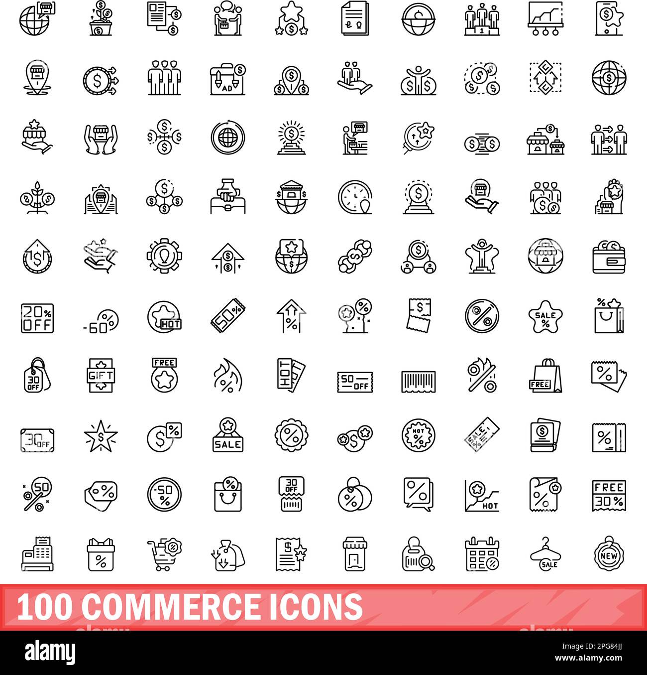 100 commerce icons set. Outline illustration of 100 commerce icons ...