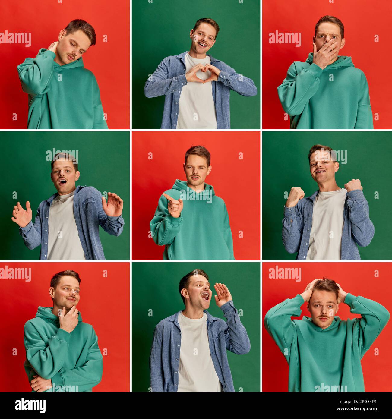 Collage. Set of images of young man in casual clothes posing with ...