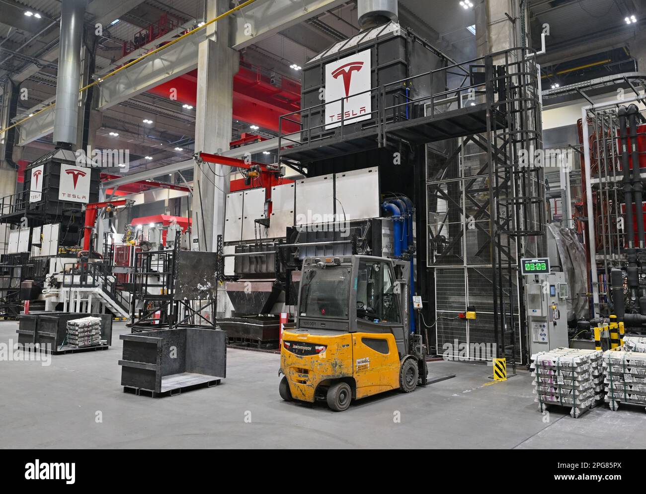 20 March 2023, Brandenburg, Grünheide: Melting furnaces for aluminum at ...
