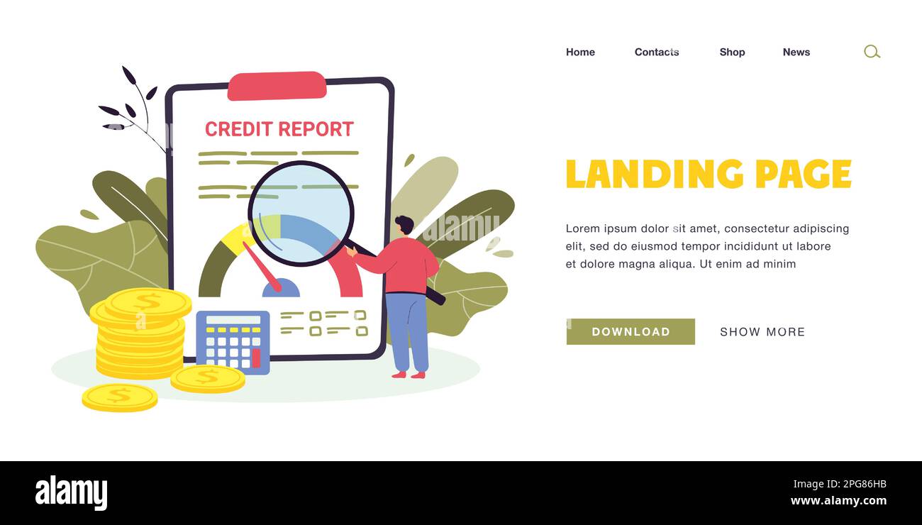 Cartoon businessman checking credit report through magnifier Stock ...