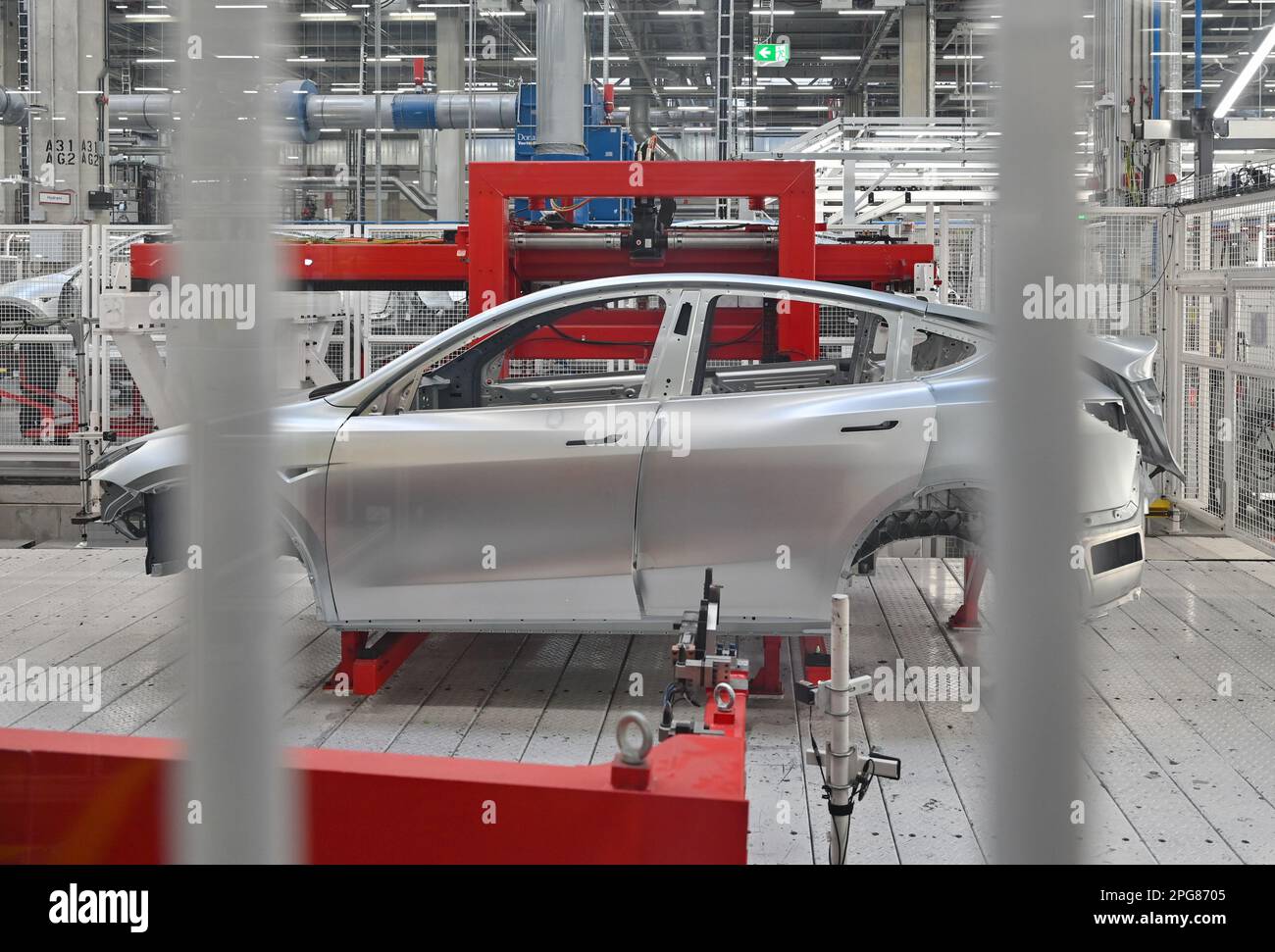 20 March 2023, Brandenburg, Grünheide: A body of the Model Y electric ...