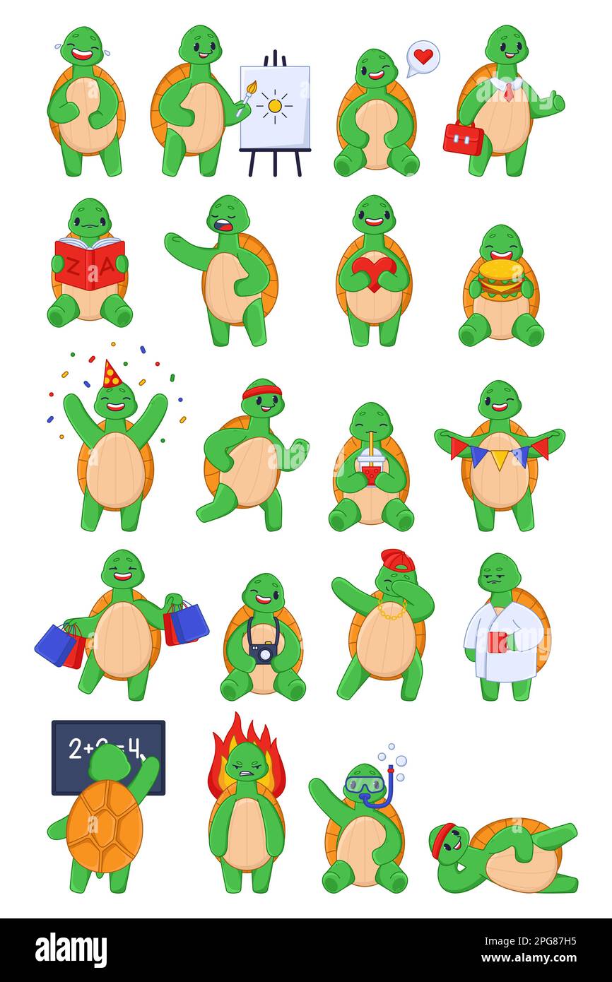 Cute turtle cartoon character in different poses sticker set Stock ...