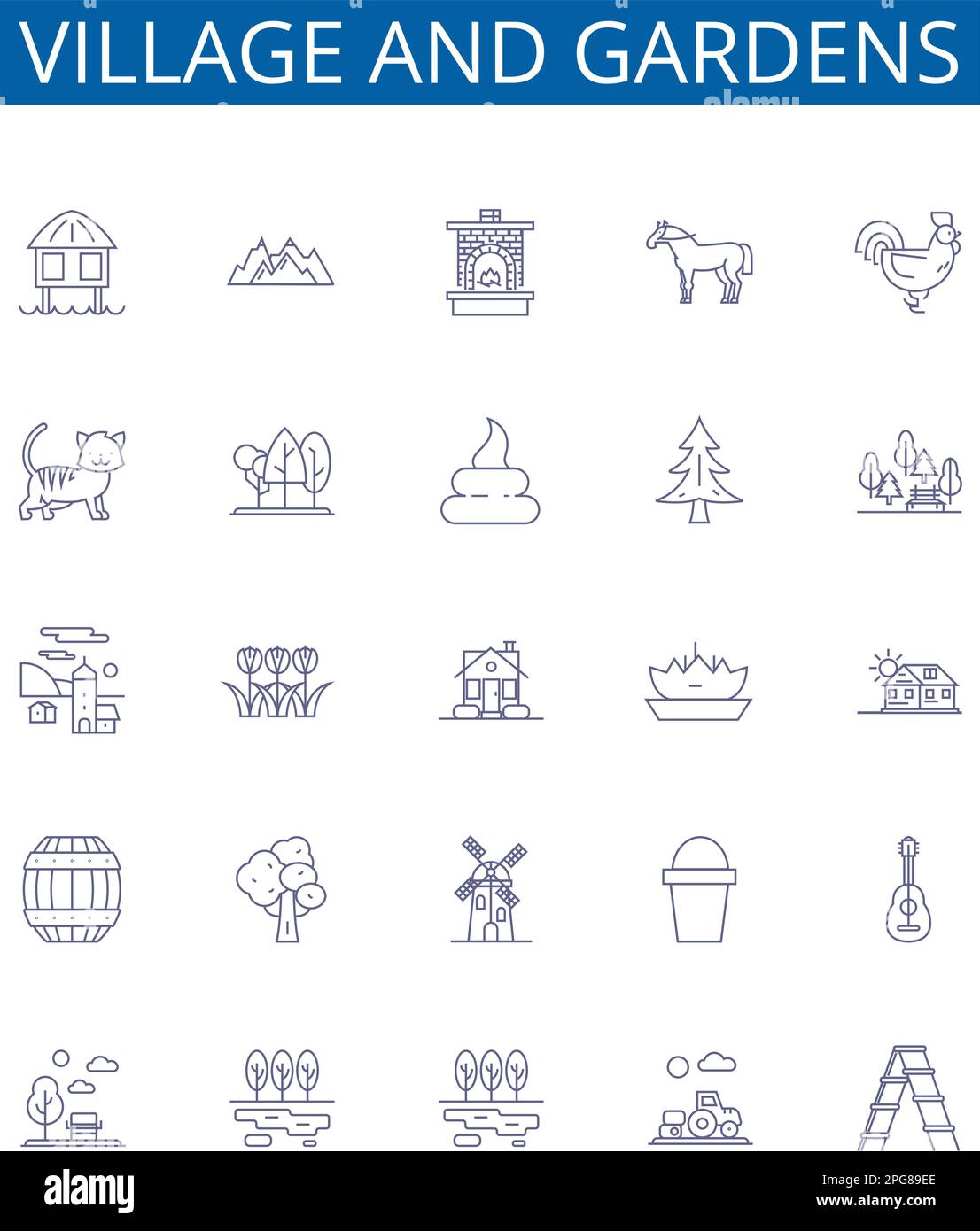 Village and gardens line icons signs set. Design collection of Village ...