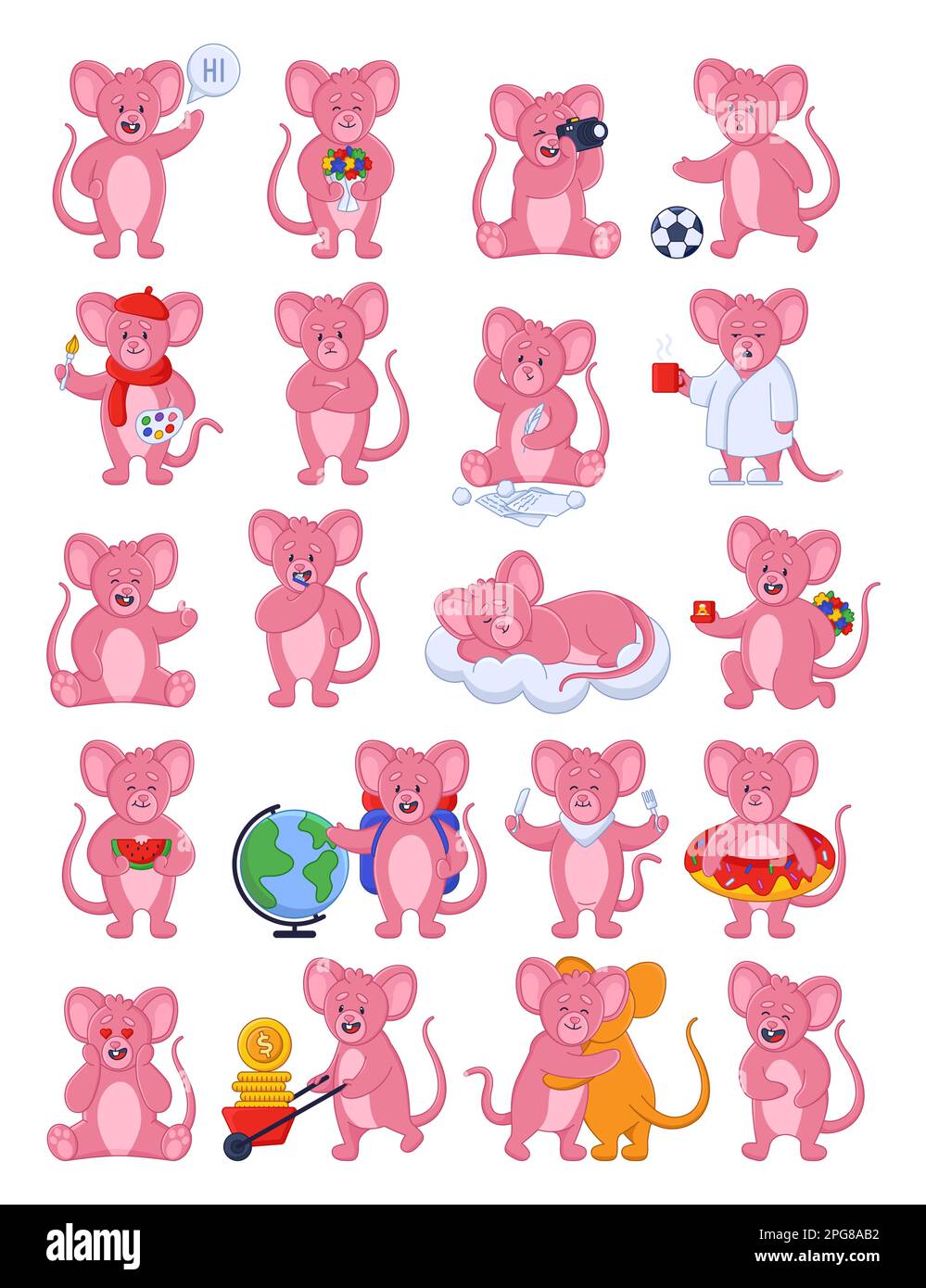 Pink mouse cartoon character in different poses sticker set Stock ...