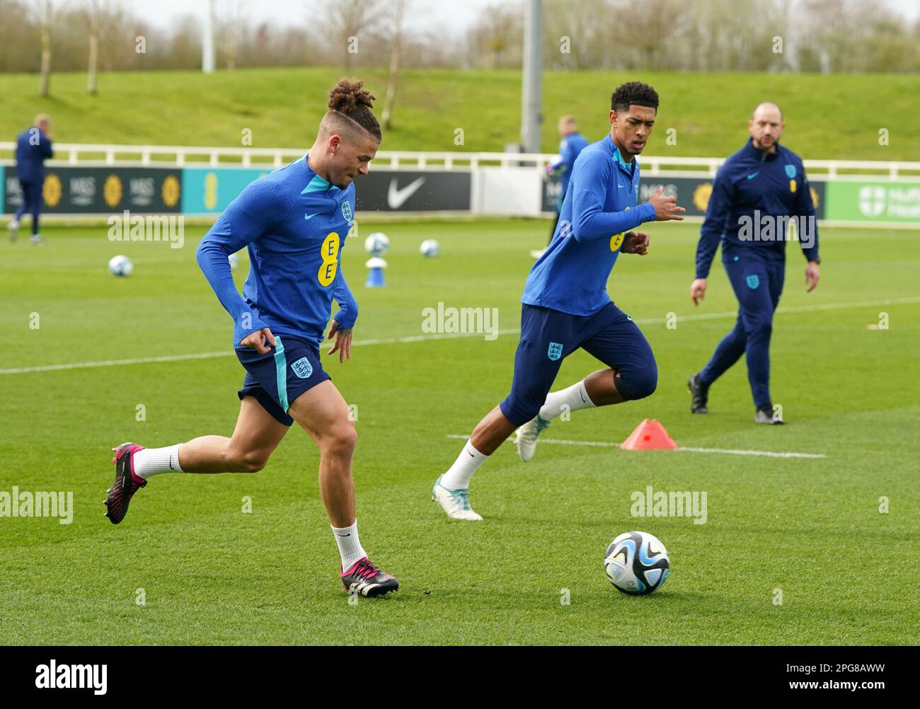 England's Kalvin Phillips and Jude Bellingham during a training session ...